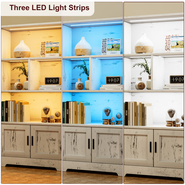 Ivy Bronx White Bookcase With Doors Modern Bookshelf With LED Lights Wooden Display Storage ...